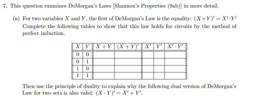 Solved 7. This question examines DeMorgan's Laws (Shannon's | Chegg.com