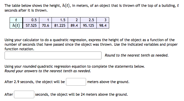 Solved The table below shows the height, h(t), in meters, of | Chegg.com