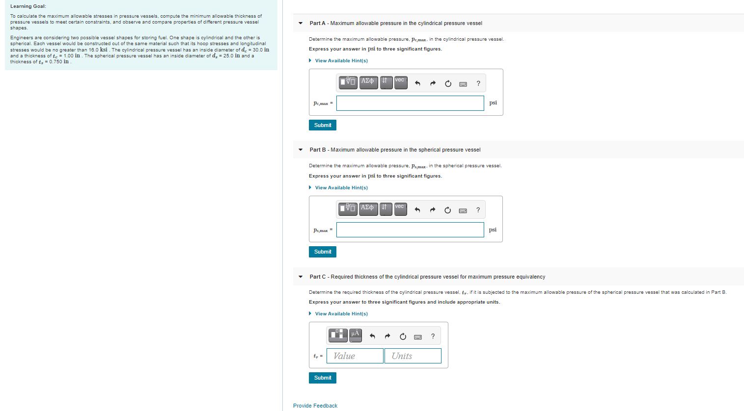 Solved Part A - Maximum allowable pressure in the | Chegg.com