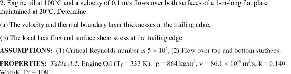 Solved 2. Engine oil at 100∘C and a velocity of 0.1 m/s | Chegg.com