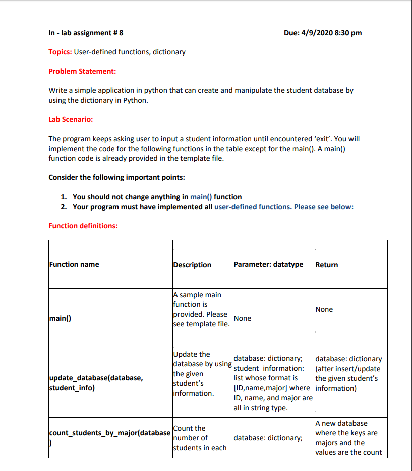 In - lab assignment #8 Due: 4/9/2020 8:30 pm Topics: | Chegg.com