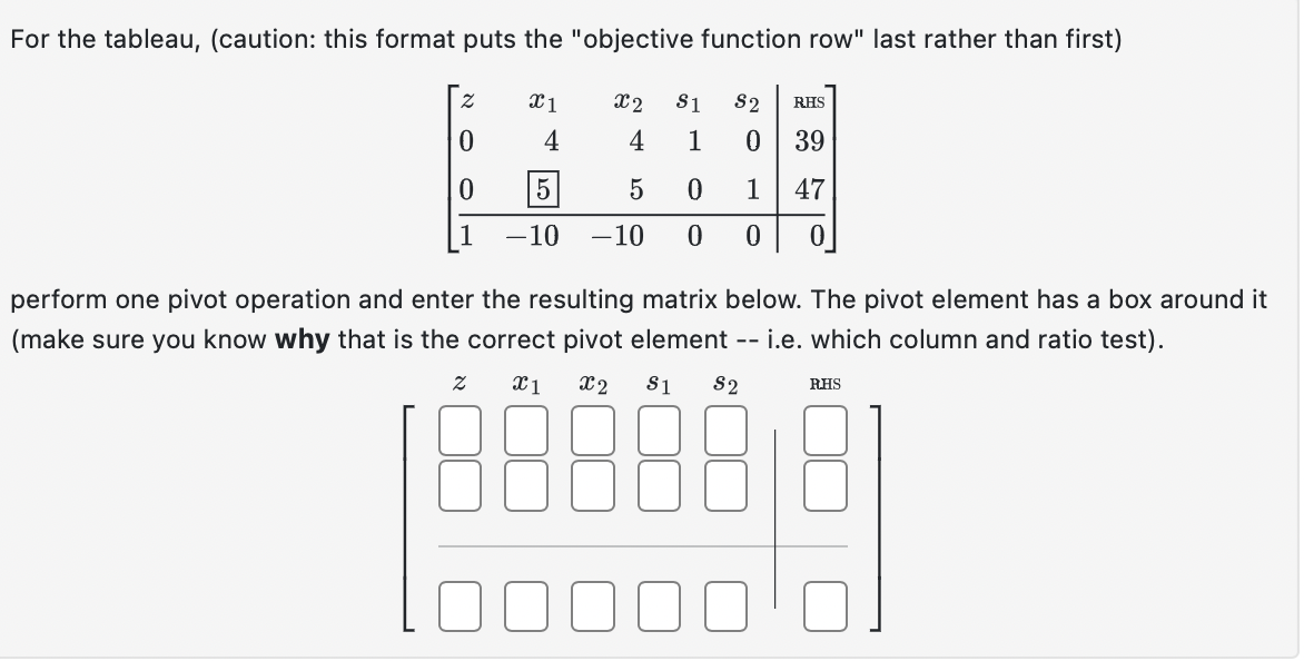 Solved For the tableau, (caution: this format puts the | Chegg.com