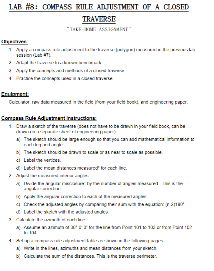 LAB \#8: COMPASS RULE ADJUSTMENT OF A CLOSED TRAVERSE | Chegg.com