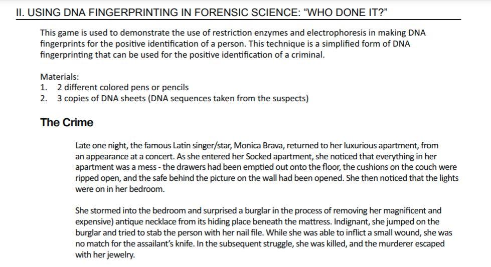 Solved II. USING DNA FINGERPRINTING IN FORENSIC SCIENCE: | Chegg.com