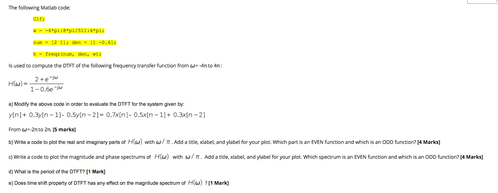 Solved The Following Matlab Code Clf W