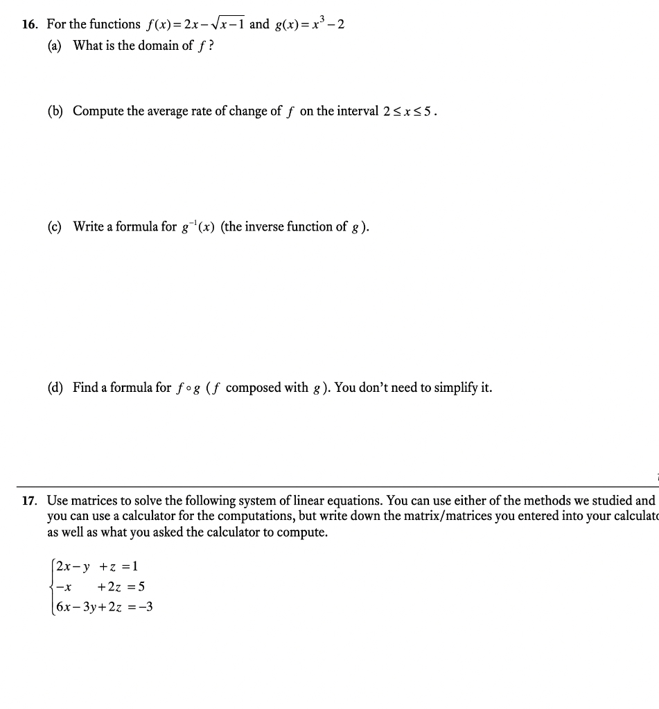 Solved 16. For the functions f(x)=2x-Vx-1 and g(x)= x3 - 2 | Chegg.com