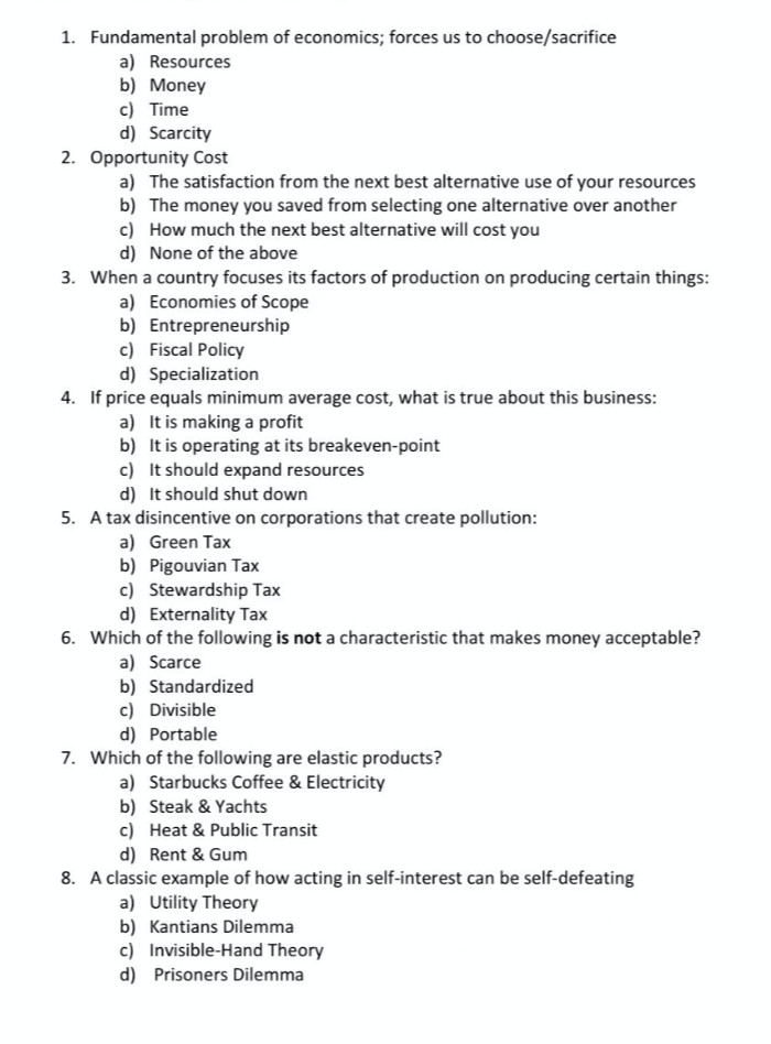 Solved 1. Fundamental problem of economics; forces us to | Chegg.com