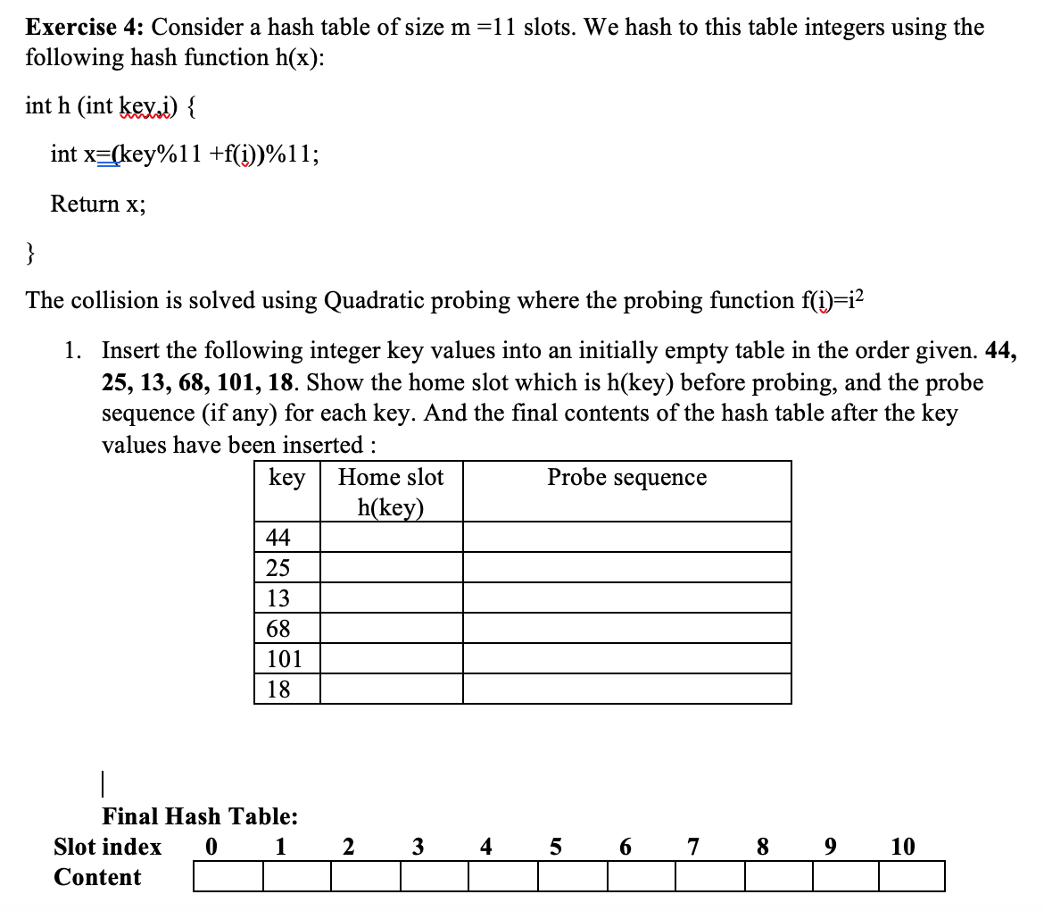 Solved Exercise 4 Consider A Hash Table Of Size M 11 Slots