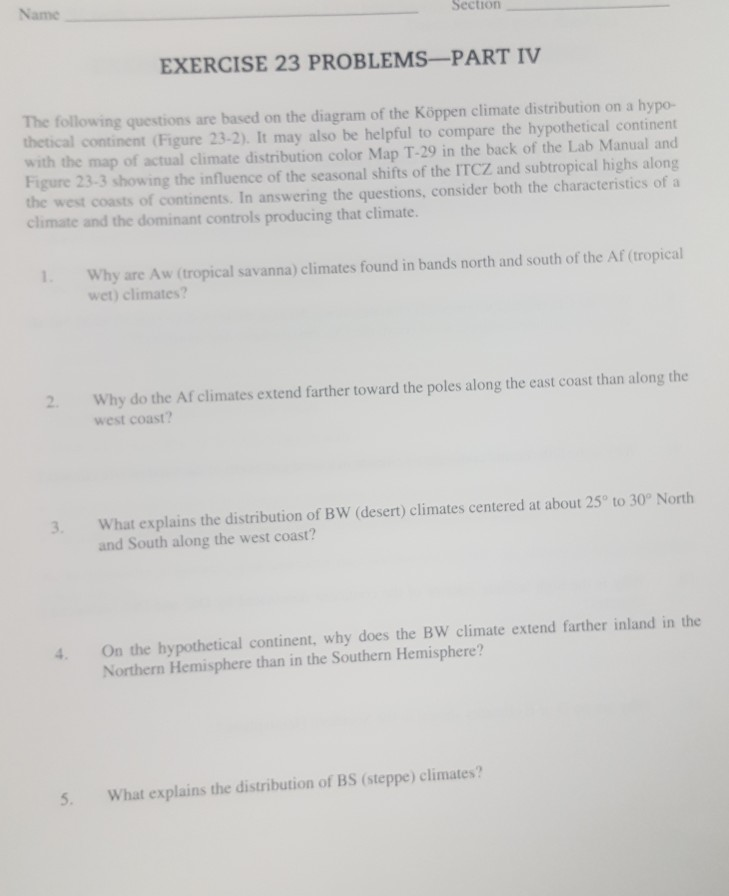 Name Section EXERCISE 23 PROBLEMS-PART IV The | Chegg.com