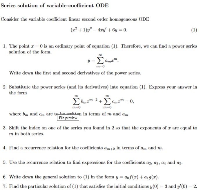 Solved Series solution of variable-coefficient ODE Consider | Chegg.com