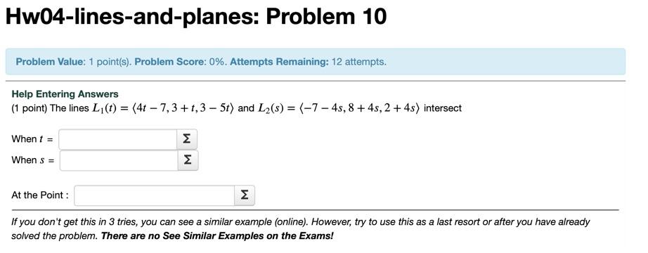 Solved Hw04-lines-and-planes: Problem 10 Problem Value: 1 | Chegg.com