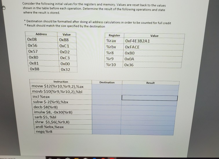 Solved Consider the following initial values for the | Chegg.com