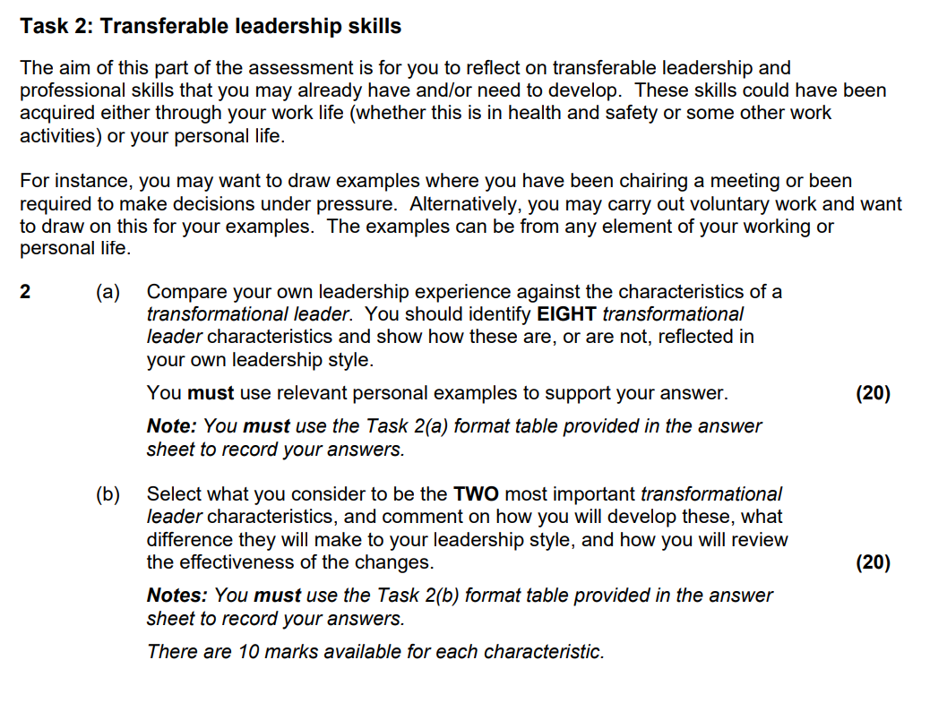 Solved Task 2: Transferable leadership skills The aim of | Chegg.com