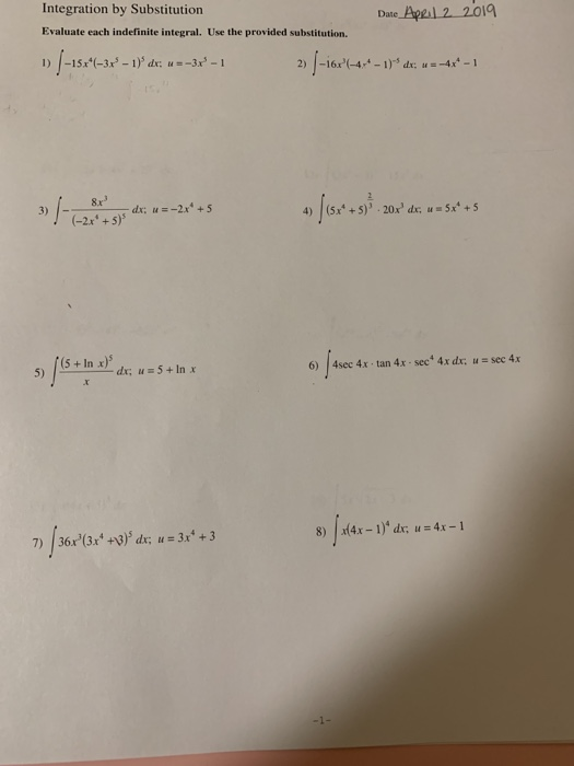 Solved Integration by Substitution Date Apell 2 2019 | Chegg.com