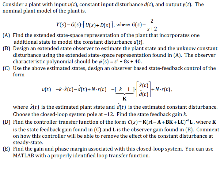 Solved Consider a plant with input u(t), constant input | Chegg.com