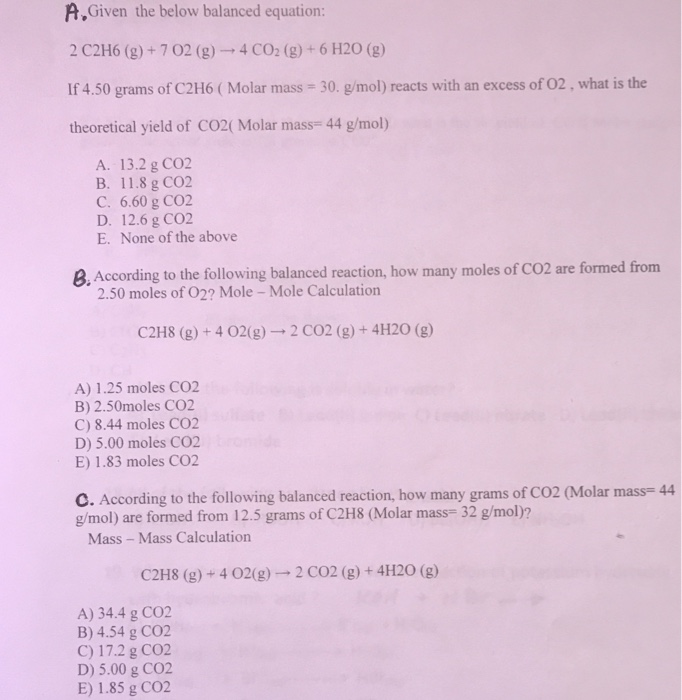 Solved A,Given the below balanced equation 2 C2H6 (g) +702 | Chegg.com