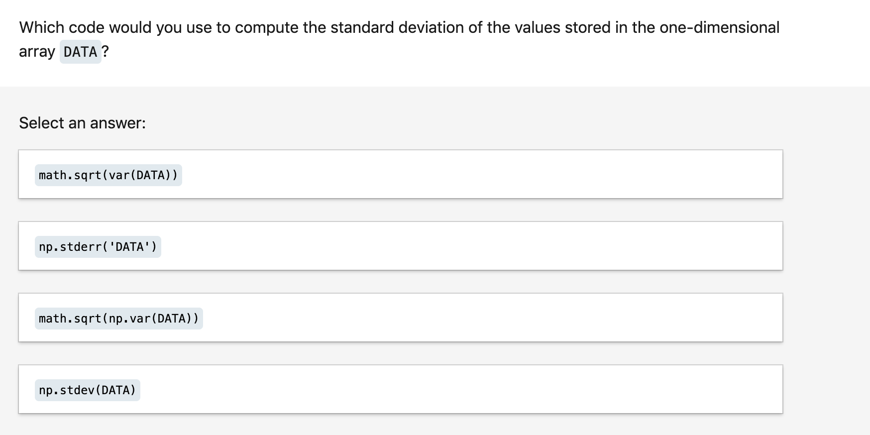 Solved Which code would you use to compute the standard | Chegg.com