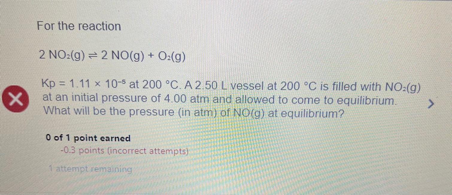 Solved For the reaction 2 NO2(g) = 2 NO(g) + O2(g) х Kp = | Chegg.com