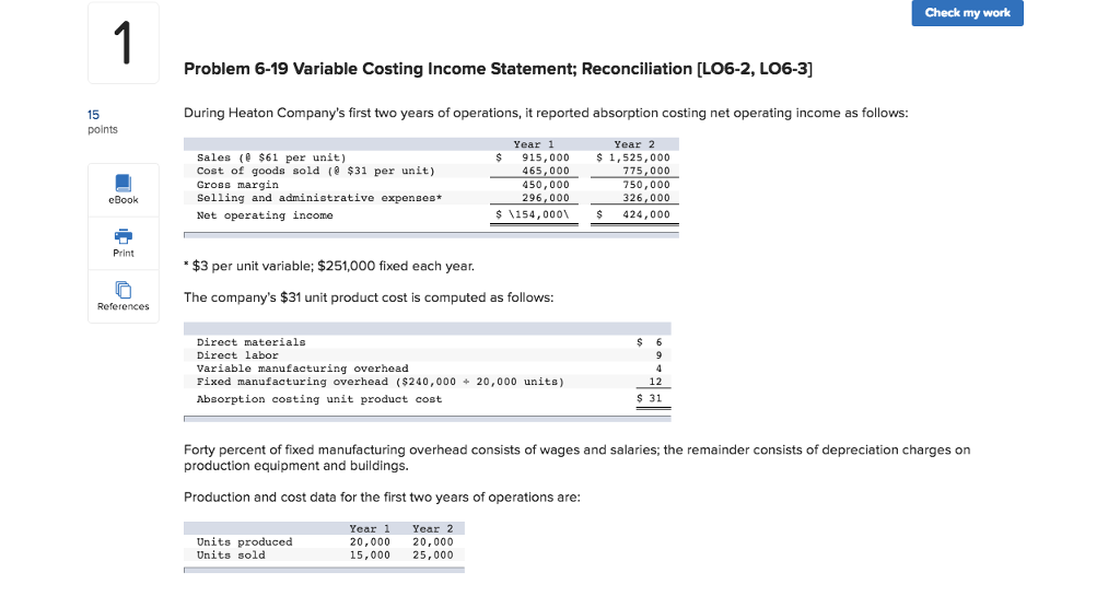 Solved Check my work Problem 6-19 Variable Costing Income | Chegg.com