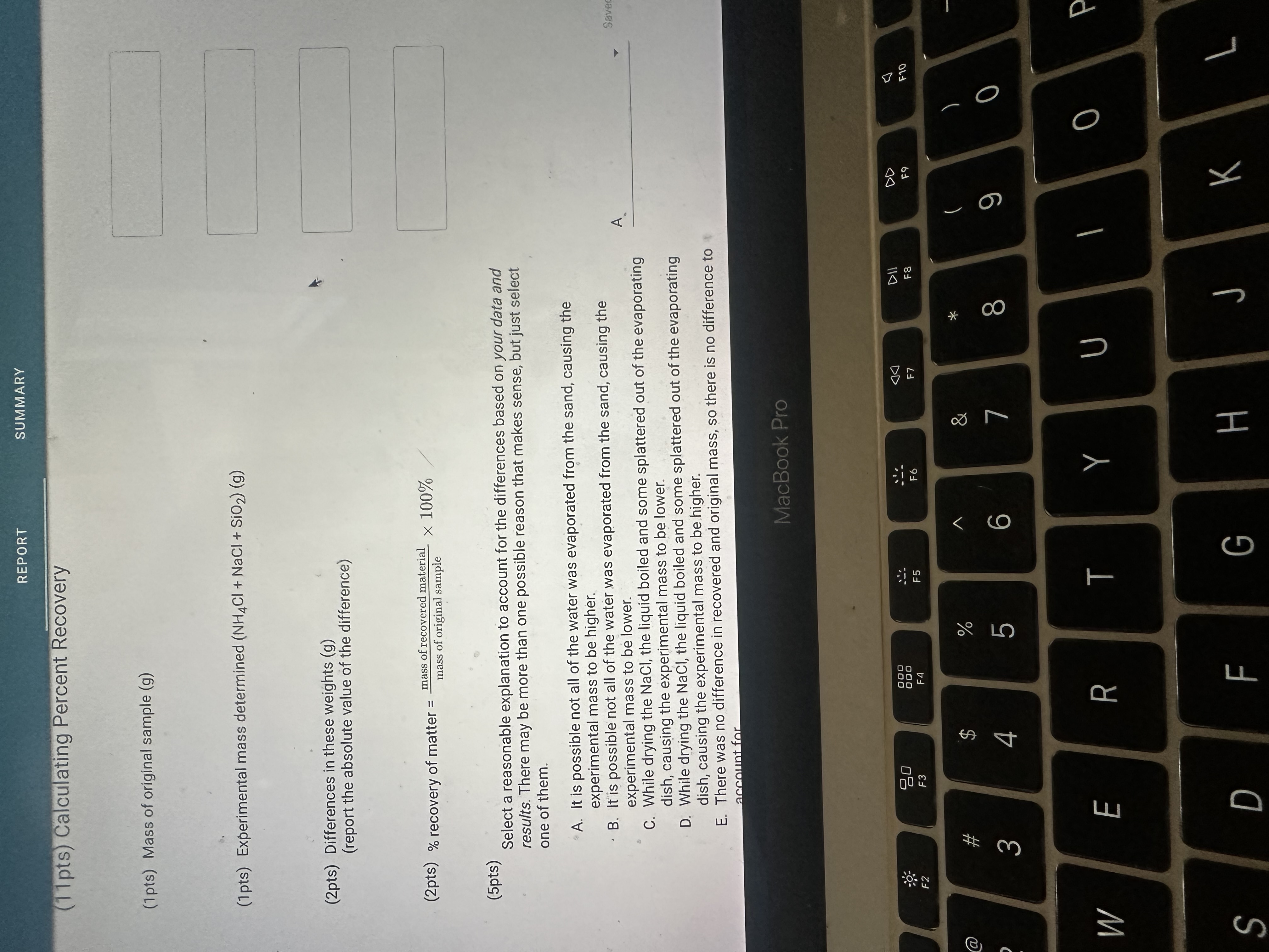 (11pts) Calculating Percent Recovery (1pts) Mass of | Chegg.com