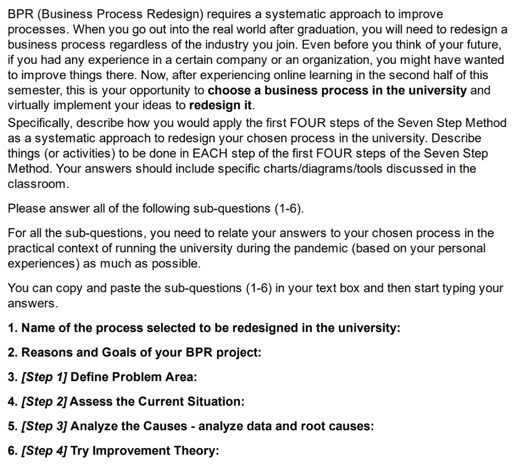 Solved BPR (Business Process Redesign) requires a systematic | Chegg.com