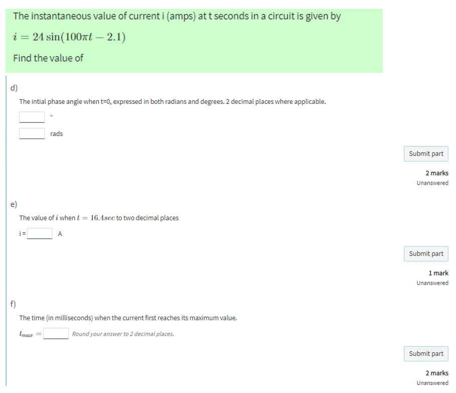 Solved The instantaneous value of current i (amps) at t | Chegg.com