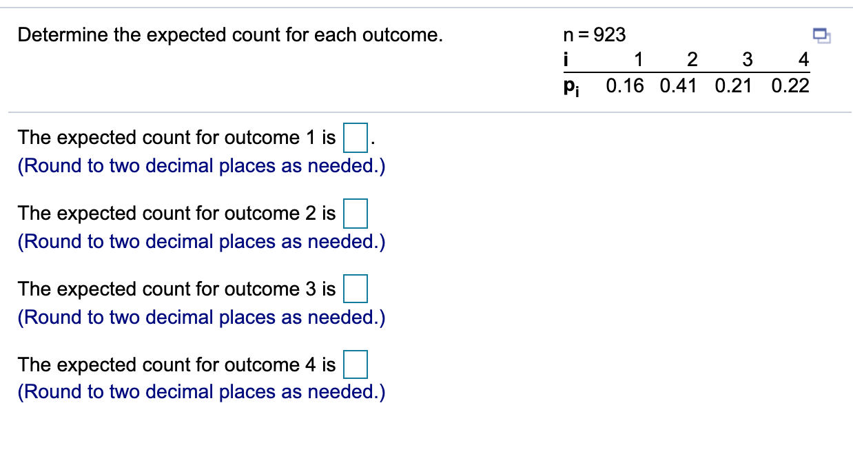 Solved Determine The Expected Count For Each Outcome N 923