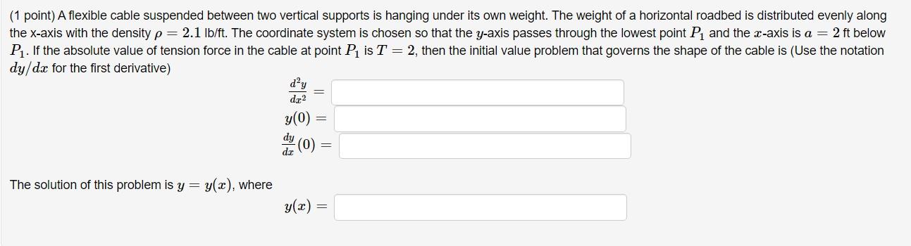 Solved (1 point) A flexible cable suspended between two | Chegg.com