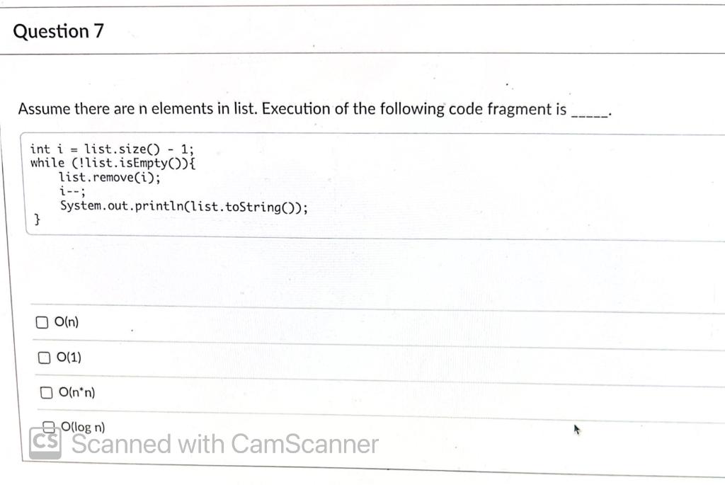 Solved Assume there are n elements in list. Execution of the | Chegg.com