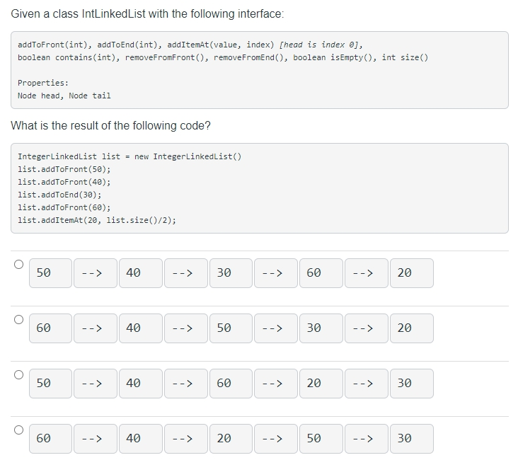 Solved Given a class IntLinkedList with the following | Chegg.com