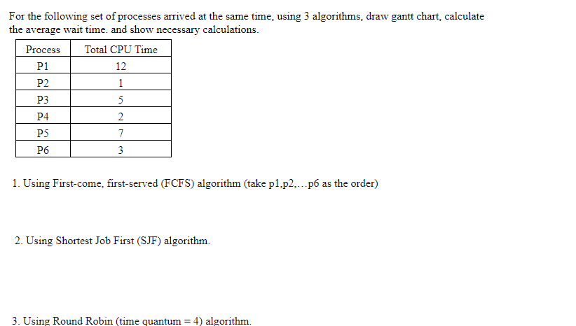 Solved For the following set of processes arrived at the | Chegg.com