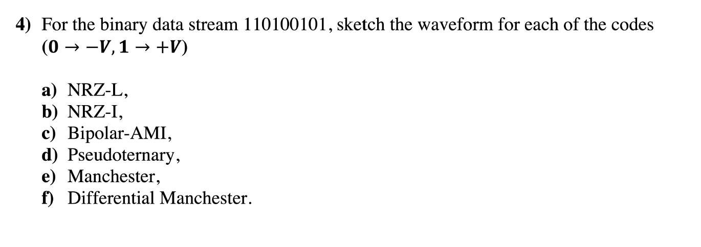 Solved 4) For the binary data stream 110100101, sketch the | Chegg.com