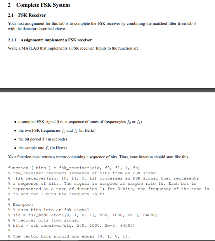 2 Complete FSK System 2.1 FSK Receiver Your first | Chegg.com
