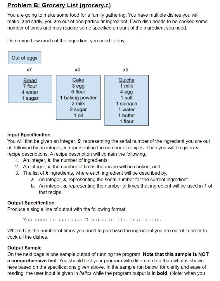 Problem B: Grocery List (grocery.c) You are going to | Chegg.com