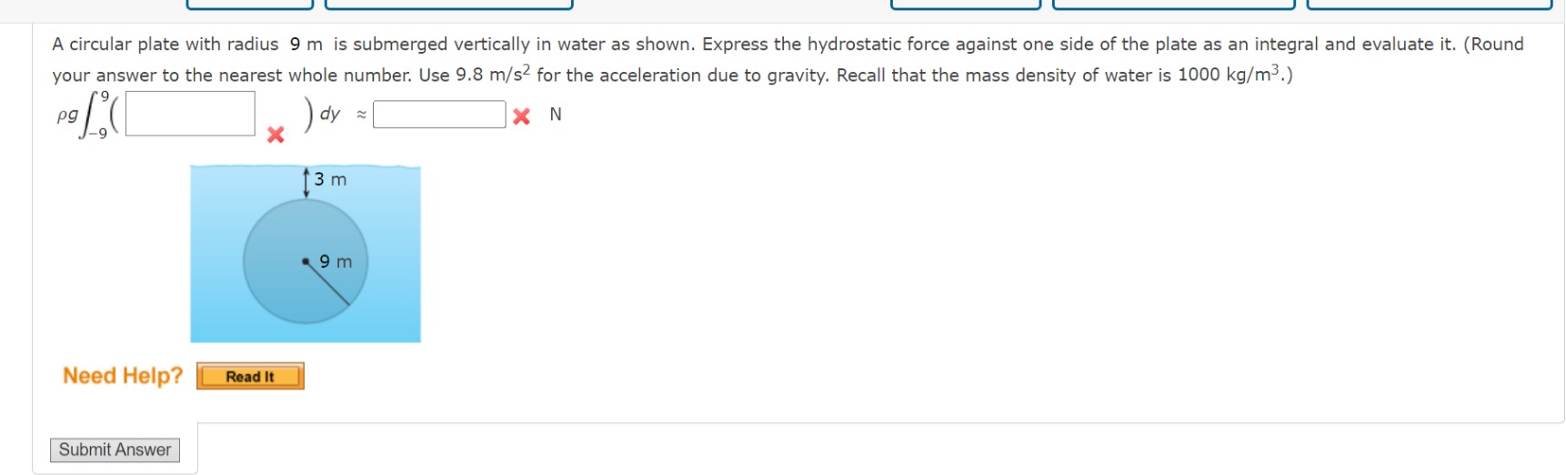 Solved A circular plate with radius 9 m is submerged | Chegg.com