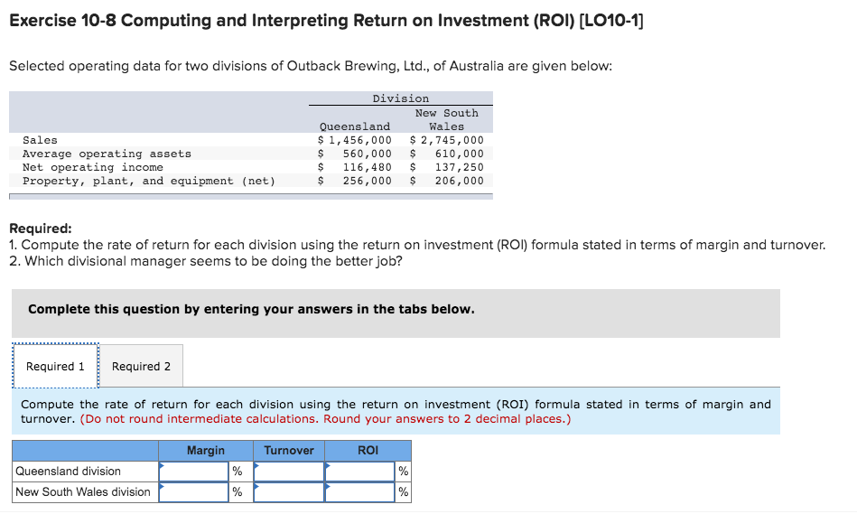 Solved Exercise 10-8 Computing and Interpreting Return on | Chegg.com