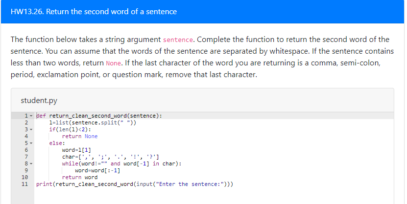 Solved HW13.26. Return the second word of a sentence The | Chegg.com