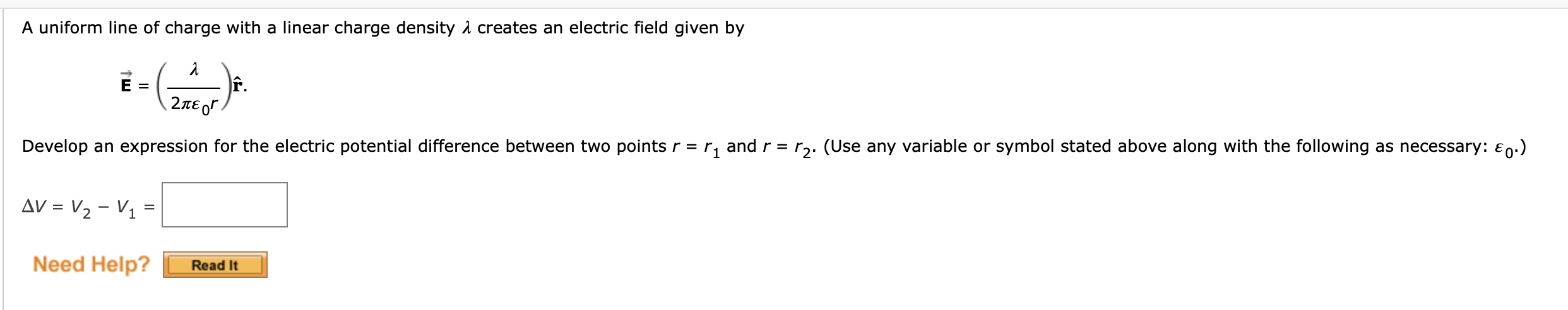 Solved A uniform line of charge with a linear charge density | Chegg.com