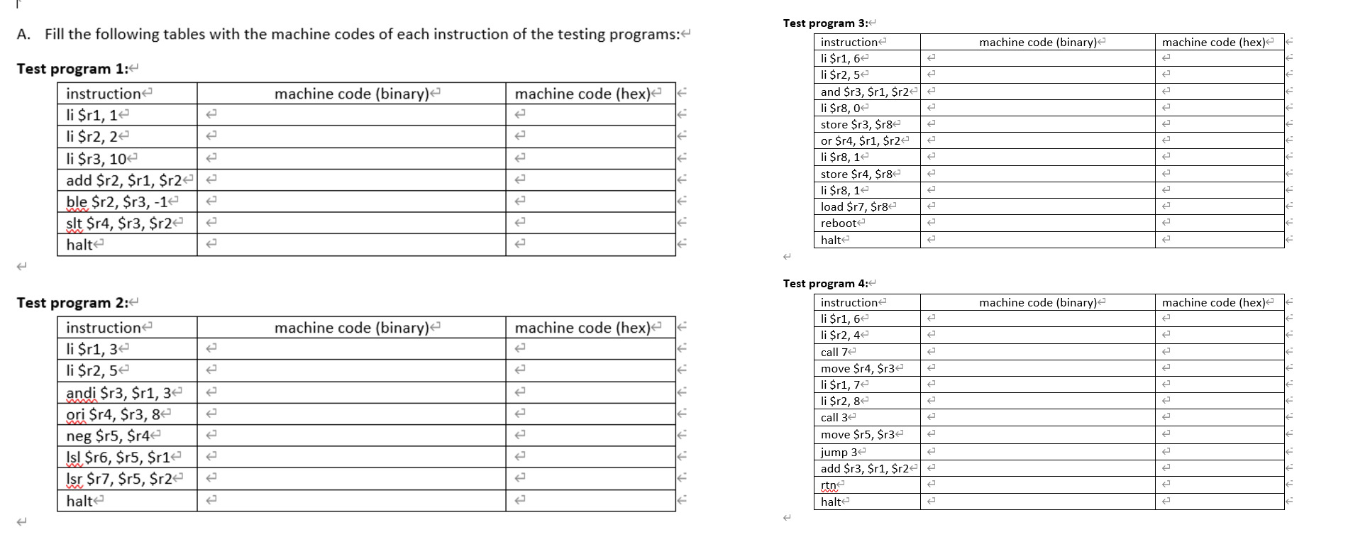 Solved A. ﻿Fill the following tables with the machine codes | Chegg.com
