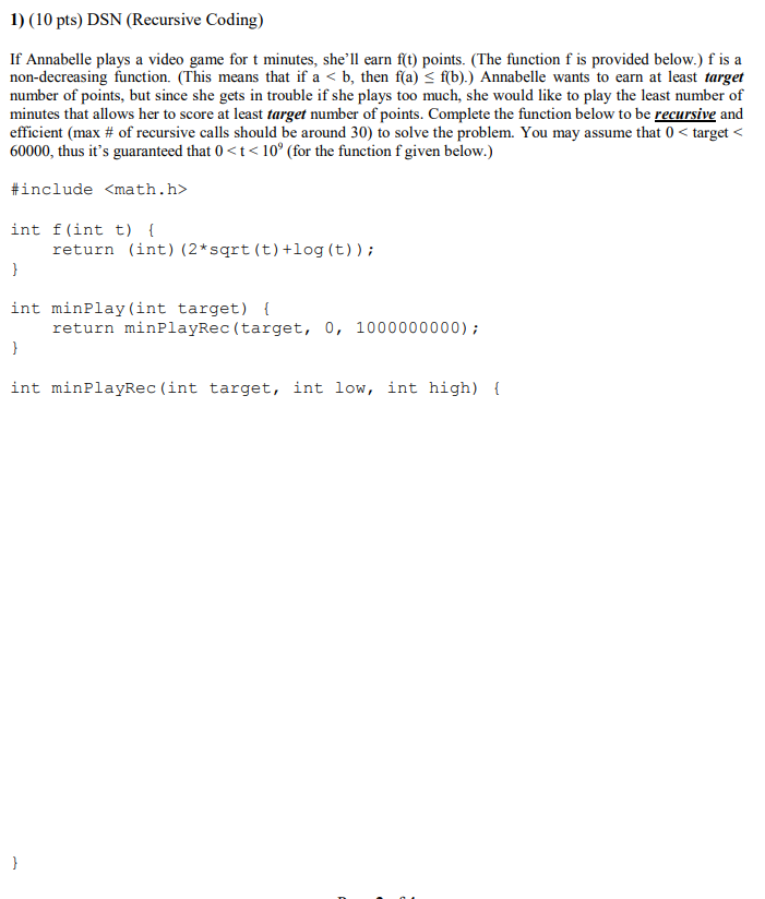 Solved 1) (10 pts) DSN (Recursive Coding) If Annabelle plays | Chegg.com