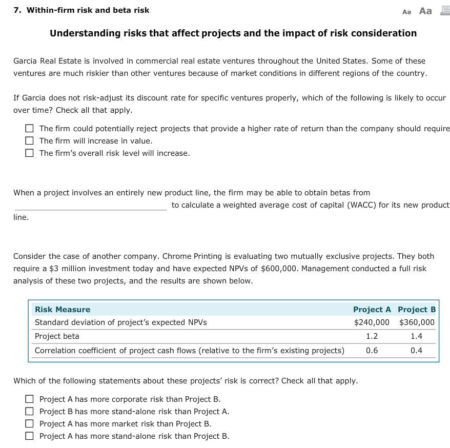 Solved 7. Within-firm risk and beta risk Aa Aa Understanding | Chegg.com