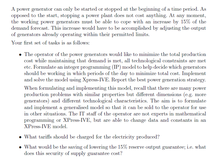 Solved Power Generation Power generators of four different | Chegg.com