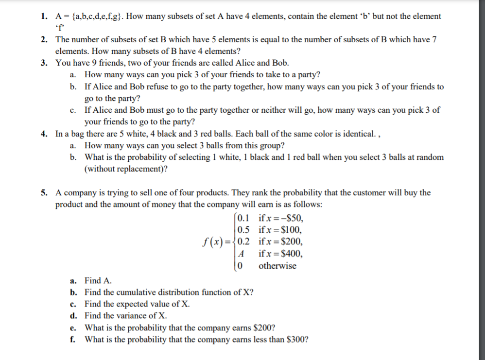 Solved a. 1. A = {a,b,c,d,e,f,g}. How many subsets of set A | Chegg.com