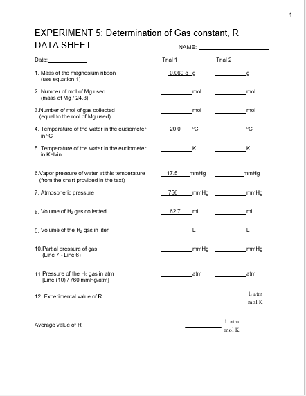 Solved EXPERIMENT 5: Determination of Gas constant, R DATA | Chegg.com