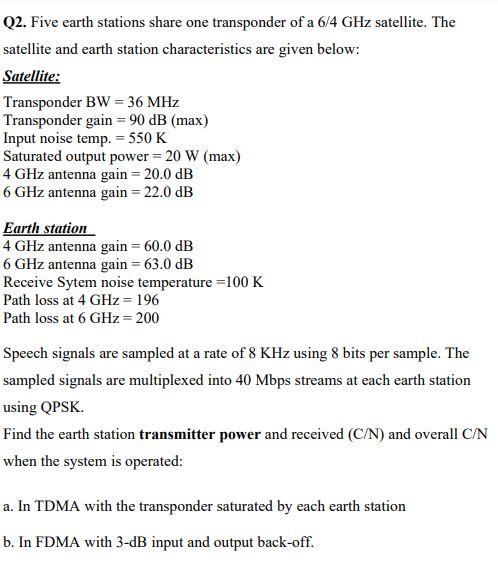 Q2. Five earth stations share one transponder of a | Chegg.com