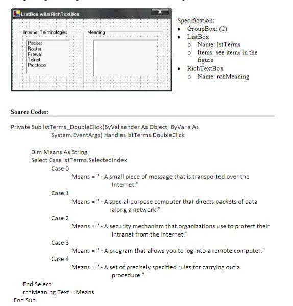 Specification: - GroupBox: (2) - ListBox - Name: | Chegg.com