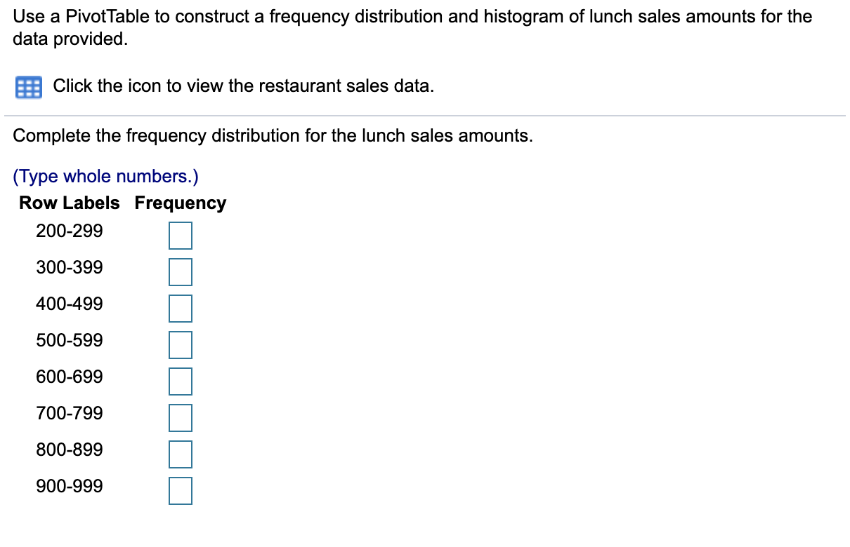 Use a Pivot Table to construct a frequency | Chegg.com