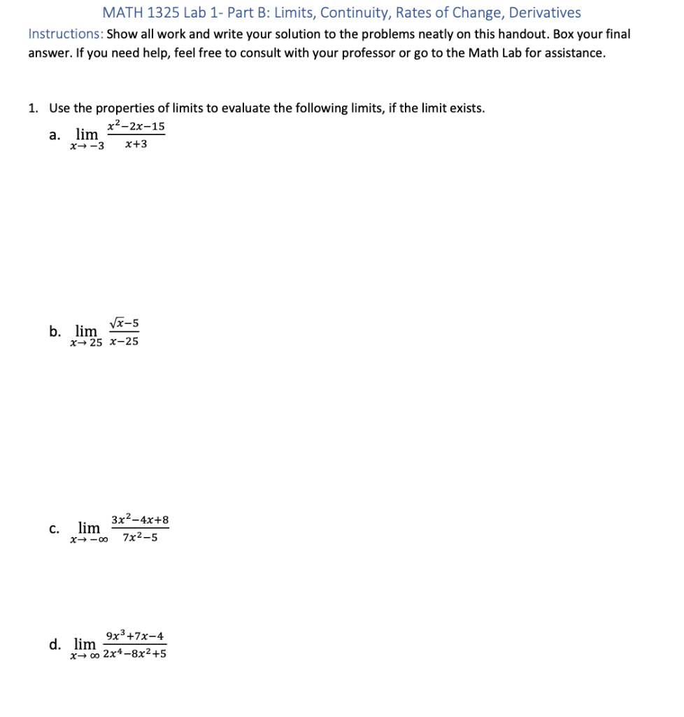 Solved MATH 1325 Lab 1- Part B: Limits, Continuity, Rates of | Chegg.com