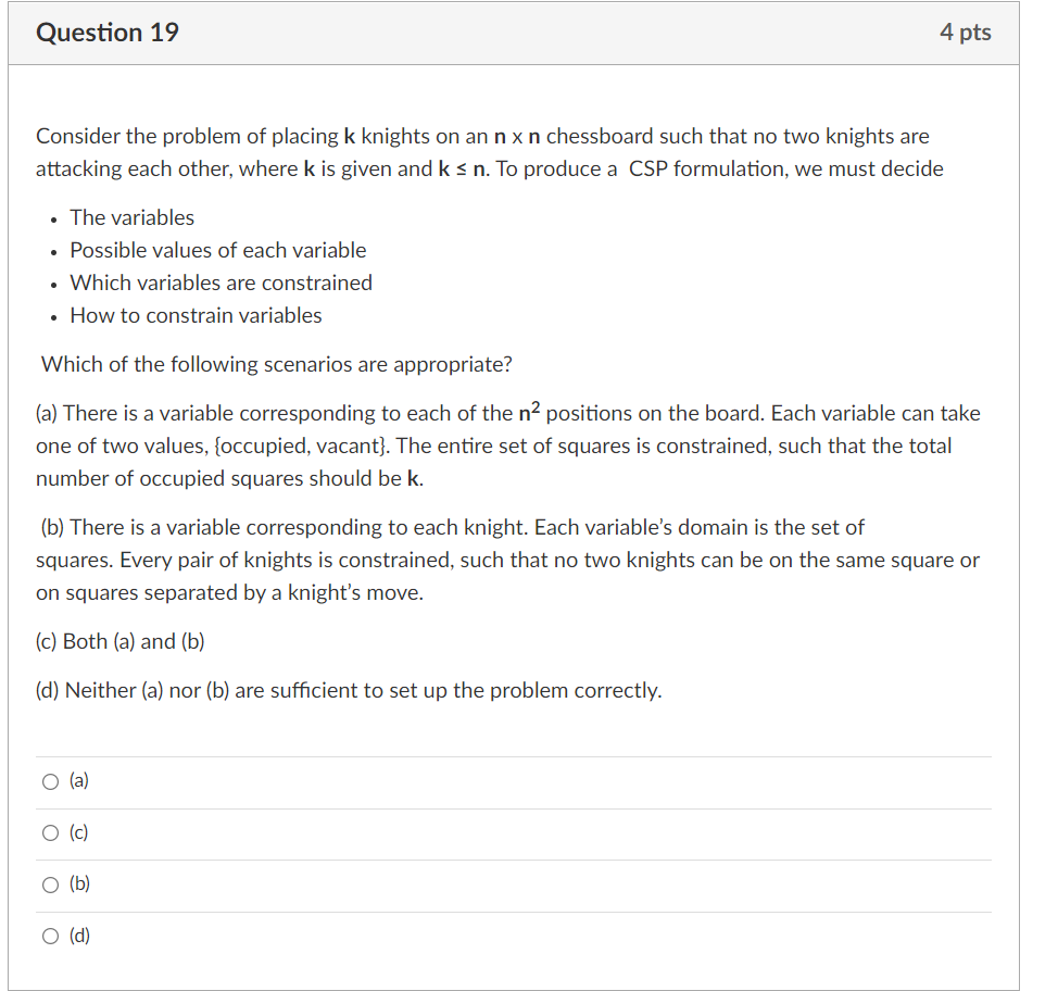 Consider the problem of placing k knights on an n×n | Chegg.com
