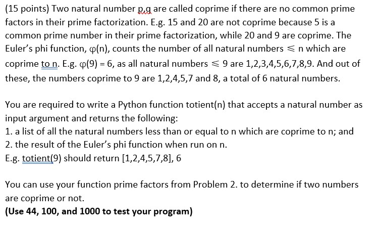 Solved (15 points) Two natural number p,g are called coprime | Chegg.com
